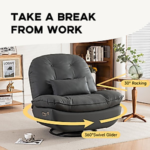 HAIZAO Oversized Recliner Sofa Swivel Rocking Chair Smart Electric Rocker Theater Recliner Chair Lazy Boy Glider with Charging Ports, Stereo Sound, Cellphone Holder and Pillow (Grey, Leather)