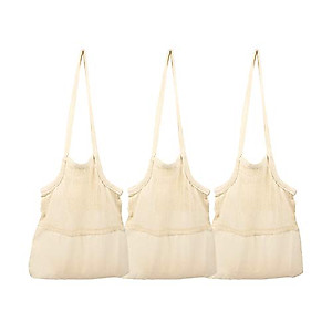 Reusable Mesh Grocery Shopping Bags - Organic Cotton Mesh Tote Bags - Net Farmers Market Bags with Reinforced Bottom - Mesh Mushroom Foraging Tote Bags - Portable Cotton French Market Tote (3 Bags)