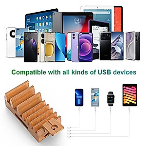 Pezin & Hulin Bamboo Charging Station Organizer for Multiple Devices & Wood Desktop Docking Charging Stand Such As Cell Phone, Tablets, Phone Case and Watch Stand (No USB Charger)