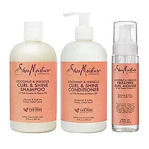 SheaMoisture Curl and Shine Shampoo and Conditioner, and Hair Mousse For Curly, Frizzy Hair Coconut and Hibiscus Sulfate Free Shampoo and Conditioner, Anti-Frizz Hair Products