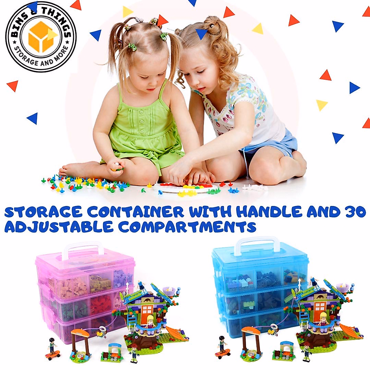Bins & Things Stackable Toys Organizer Storage Case Compatible with BeyBlade, Hot Wheels, Lego Dimentions or Mini Toy Action Figures - Portable Adjustable Box w/Carrying Handle, Calico Critter
