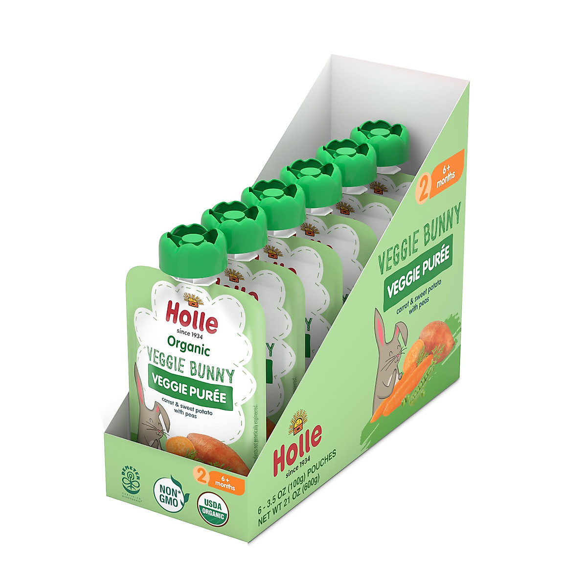 Holle Organic Baby Food Pouches - Veggie Bunny Baby Puree with Carrots, Peas and Sweet Potato - (6 Pack) Organic Baby Snacks + Fruit and Veggie Pouches for Weaning Babies 6 Months and Older