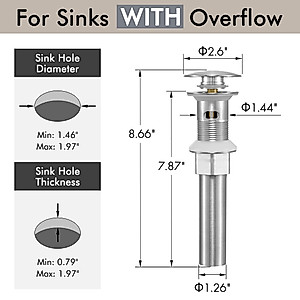 KES Bathroom Sink Drain Stopper with Overflow, Pop Up Drain with Detachable Hair Catcher for Lavatory Vanity Vessel Sink, Brushed Nickel 2 Pack, ALL Metal Rustproof 304 Stainless Steel, S2013A-BN-P2