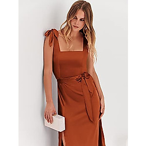 ANRABESS Women's Satin Formal Dress Square Neck Ruffle Split Midi Bridesmaid Dress for Wedding Guest Cocktail Party A1008jiaotang-M Caramel