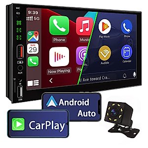 Double Din Car Stereo Compatible with Wireless Apple Carplay and Android Auto,7 Inch Touch Screen with Bluetooth 5.2,16-Segment EQ Car Audio Receivers,Mp5,Mirror Link,HD Backup Camera,FM Car Radio