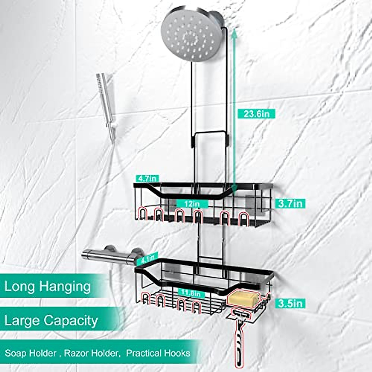 SHINGONE Hanging Shower Caddy Adjustable Length, Shower Caddy Over Shower Head With Hooks, Shower Rack Hanging Shower Organizer for Bathroom, Black