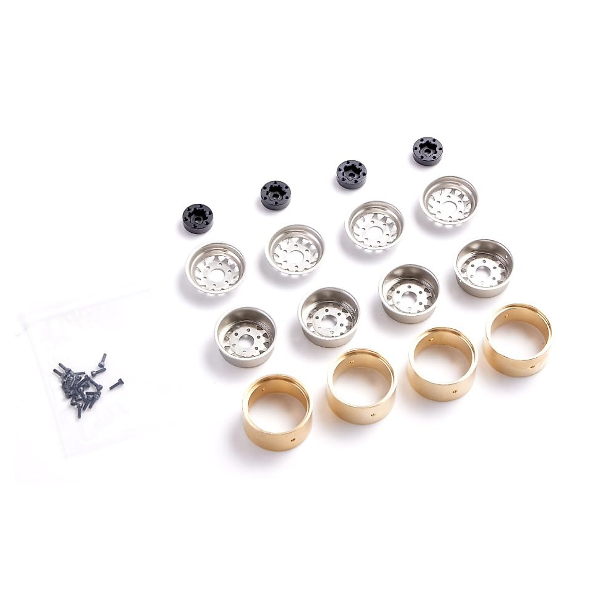 BATRAZZI FX24 FCX18 Scale Crawlers Rc Car Parts 1.0” Steelie Beadlock Wheels and Brass Wheel Weights (4 pcs) Silver for Rc Accessories(not Include Tires)