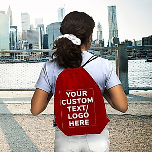 DISCOUNT PROMOS Custom Classic Polyester Drawstring Bags Set of 50, Personalized Bulk Pack - Bring Everywhere You Go, Great for Travelling, Gym and for Everyday Use - Red