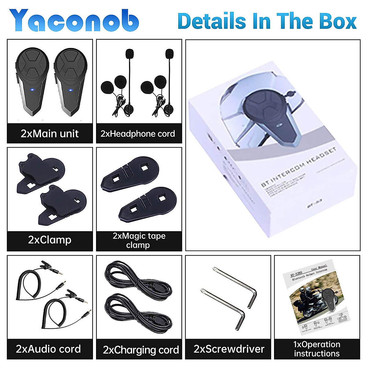 Yaconob Motorcycle Bluetooth Headset BT-S3NS 1000m Motorcycle Helmet Bluetooth Radio Intercom Wireless Interphone to 2-3 Riders (Waterproof/Handsfree/Stereo Music/FM Radio/GPS/MP3 (2 Pack)