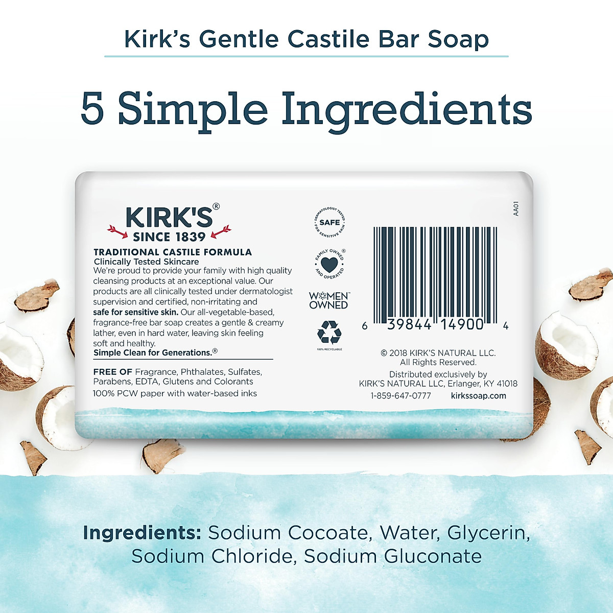 Kirk's Original Coco Castile Soap Fragrance Free 4 oz, Pack 18