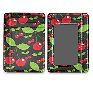 Linomo Thin leather Card Holder and Money Clip Red Cherry Pattern Wallet RFID Blocking for Men & Women