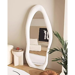 BEVERDY 63" x 24" Full Length Mirror with Stand, Wall Mounted or Floor Standing, Cloud Shape, Flannel Wrapped Wooden Frame, Irregular Full Body, White
