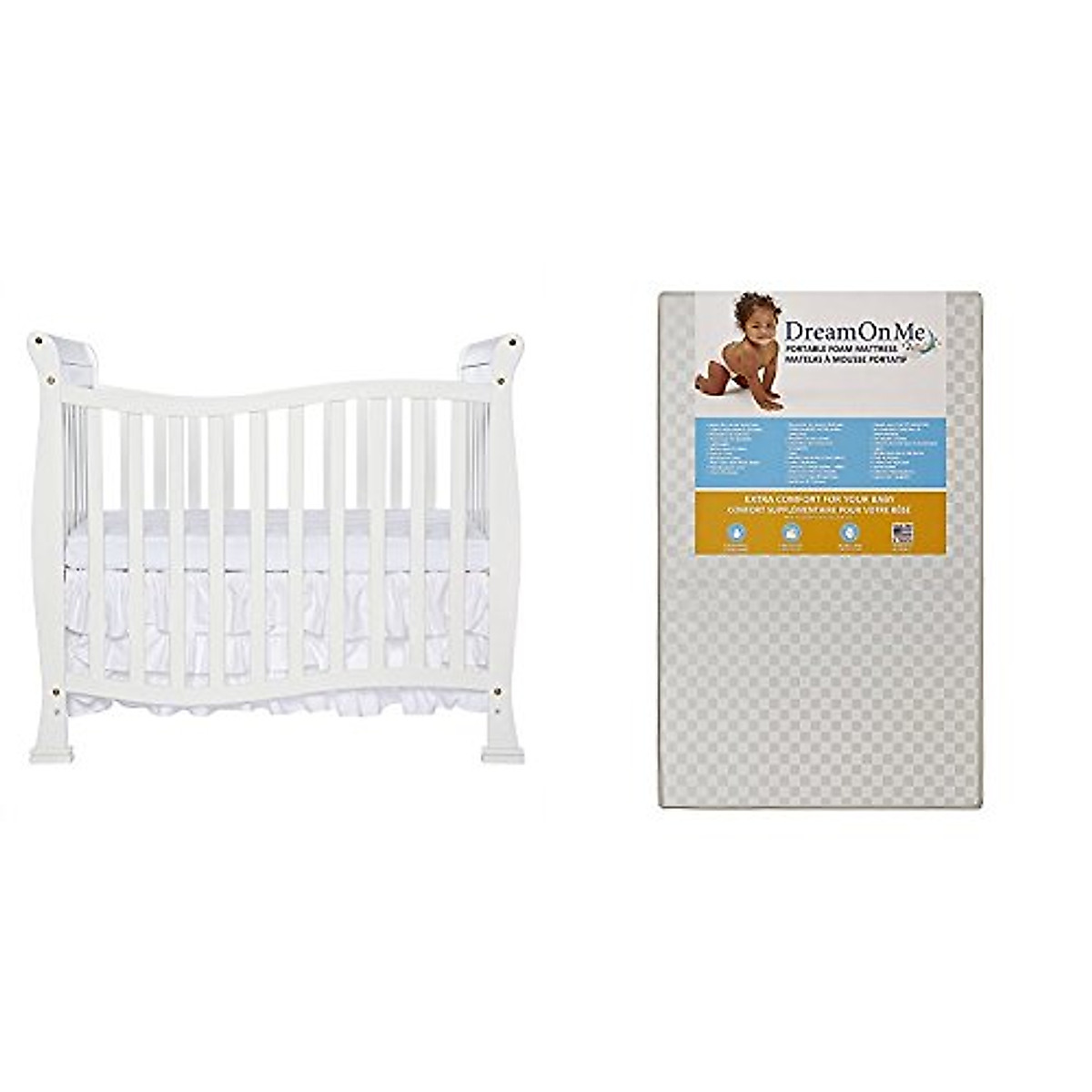 Dream On Me Violet 4 in 1 Convertible Mini Crib with Dream On Me 3 Portable Crib Mattress, White