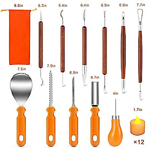 AnNido Halloween Pumpkin Carving Kit, 11 Pieces Professional Pumpkin Cutting Supplies Tools with 12 Pumpkin LED Candles, Stainless Steel Jack-O-Lanter Carving Knife Set for Halloween Decoration