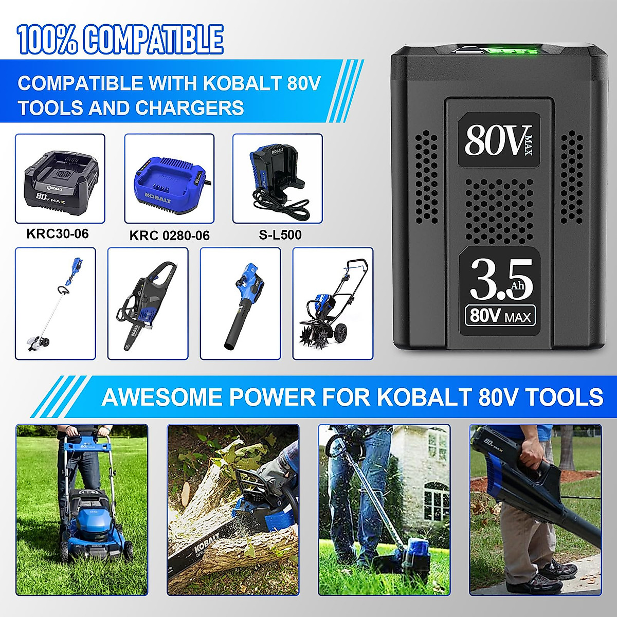 NEPOWILL 80V 3.5Ah Replacement Battery for Kobalt 80v Battery KB2580-06 KB580-06 KB680-06 KB280-06, Rechargeable Lithium Ion Battery for Kobalt 80V Cordless Power Tools