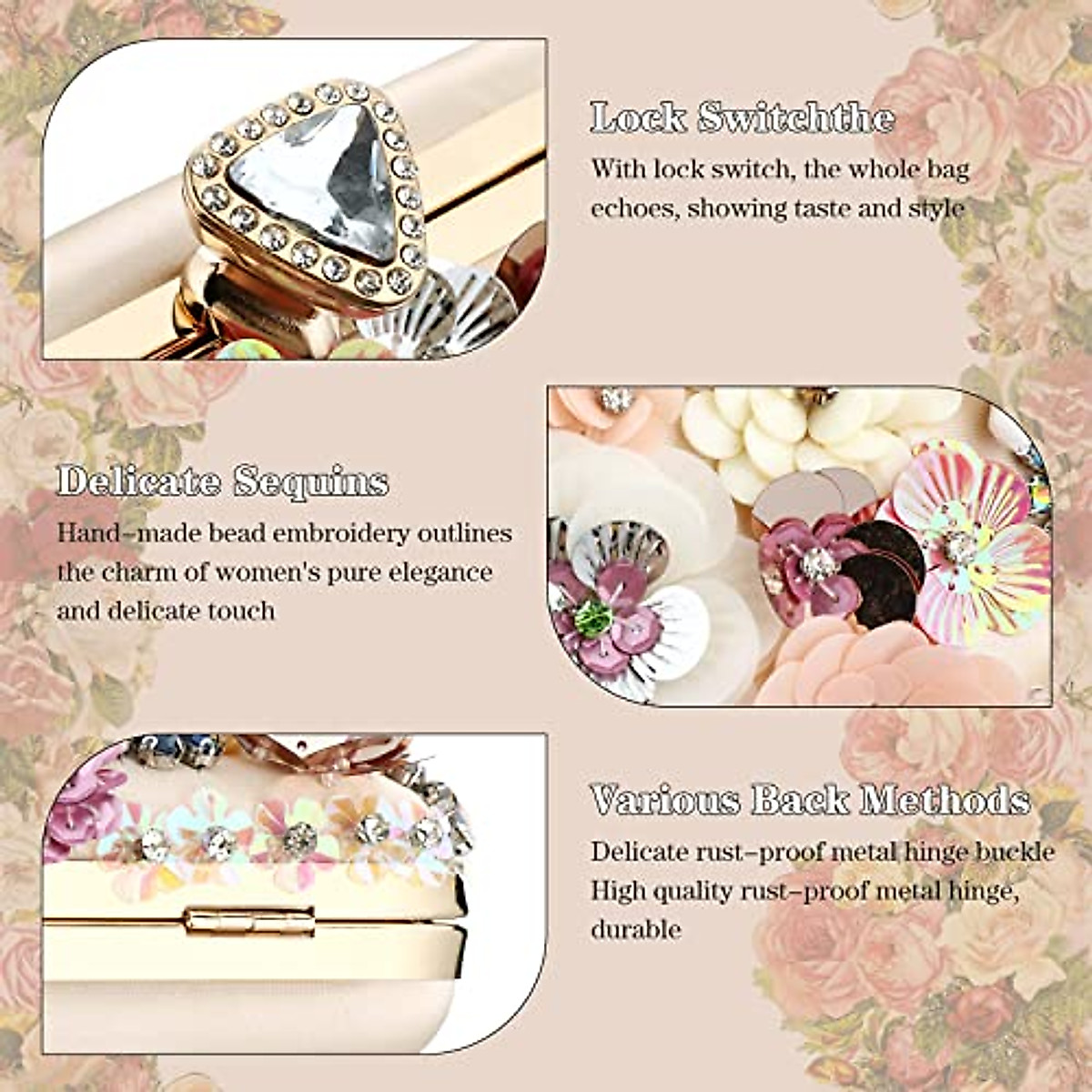 Women's Floral Evening Clutch Bag with Flower Metal Rhinestones for Women Wedding Prom Party 3D Sequins Evening Handbag (Apricot)