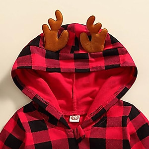 LIOMENGZI Christmas Baby Girl Boy Romper Clothes Red Plaid Checked Hooded Bodysuit Jumpsuit Xmas Toddler Baby Xmas 1st Outfit (Red, 6-12 Months)