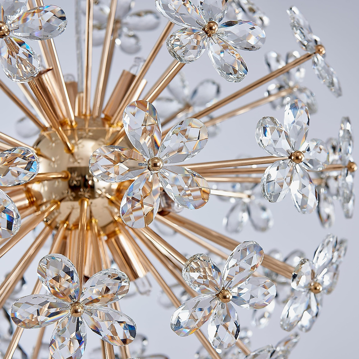 Shrine LIGHTING Dandelion Crystal Chandeliers, Modern Design, Firework Pendant Light Fixture for Living Space, H17'' x D17'', Adjustable Chains 59'', G9*9 Sockets, Brilliant Gold Finish Frame