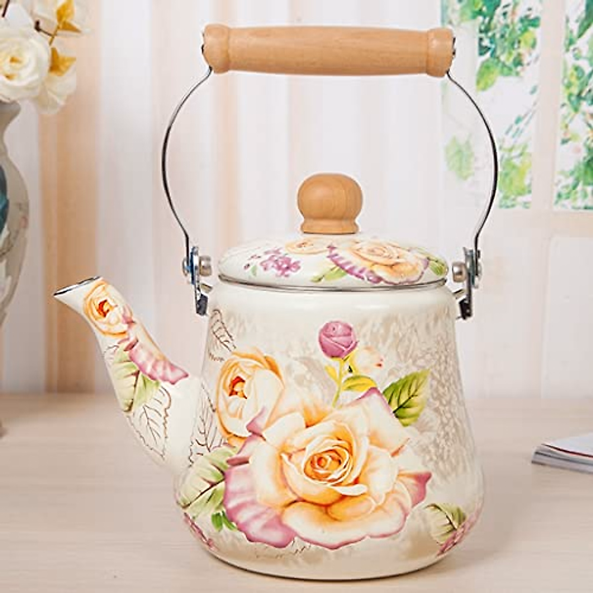 FURLOU Kettle for Stove top 1.5L/50.7OZ Enamel Kettle Thicken Retro Stovetop Induction Cooker Natural Gas Household Restaurant Wooden Handle Teapot Kitchen Supplies Teapots (Color : Red)