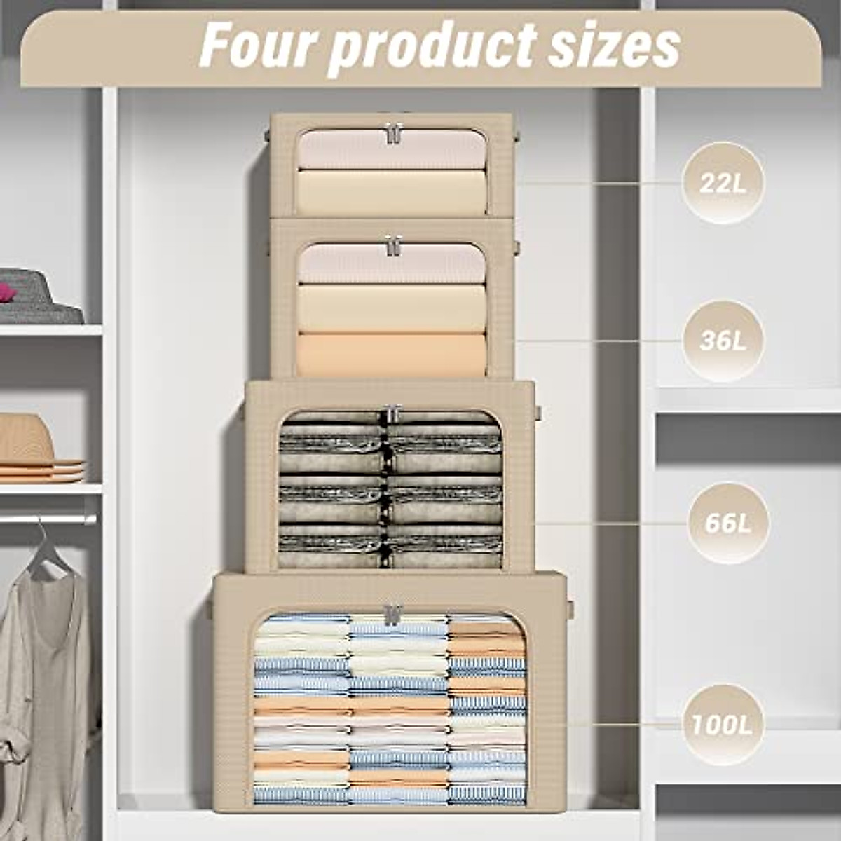 FHSQX Storage Bins, Large Capacity Clothes Bag Organizer with Window & Carry Handles, Foldable Stackable Container Set, Closet Organization for Comforters (2-PACK) (Beige, Big 19.7 x 16 x 13.7)