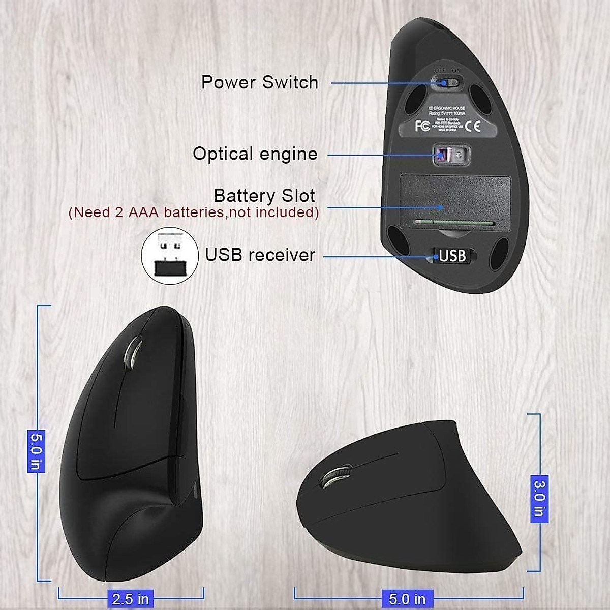 BeWishes Ergonomic Mouse Left Hand, 2.4G Left-Handed Wireless Vertical Mouse Ergonomic Mice, 3 Adjustable DPI (800/1200/1600), Specially for Left-handers