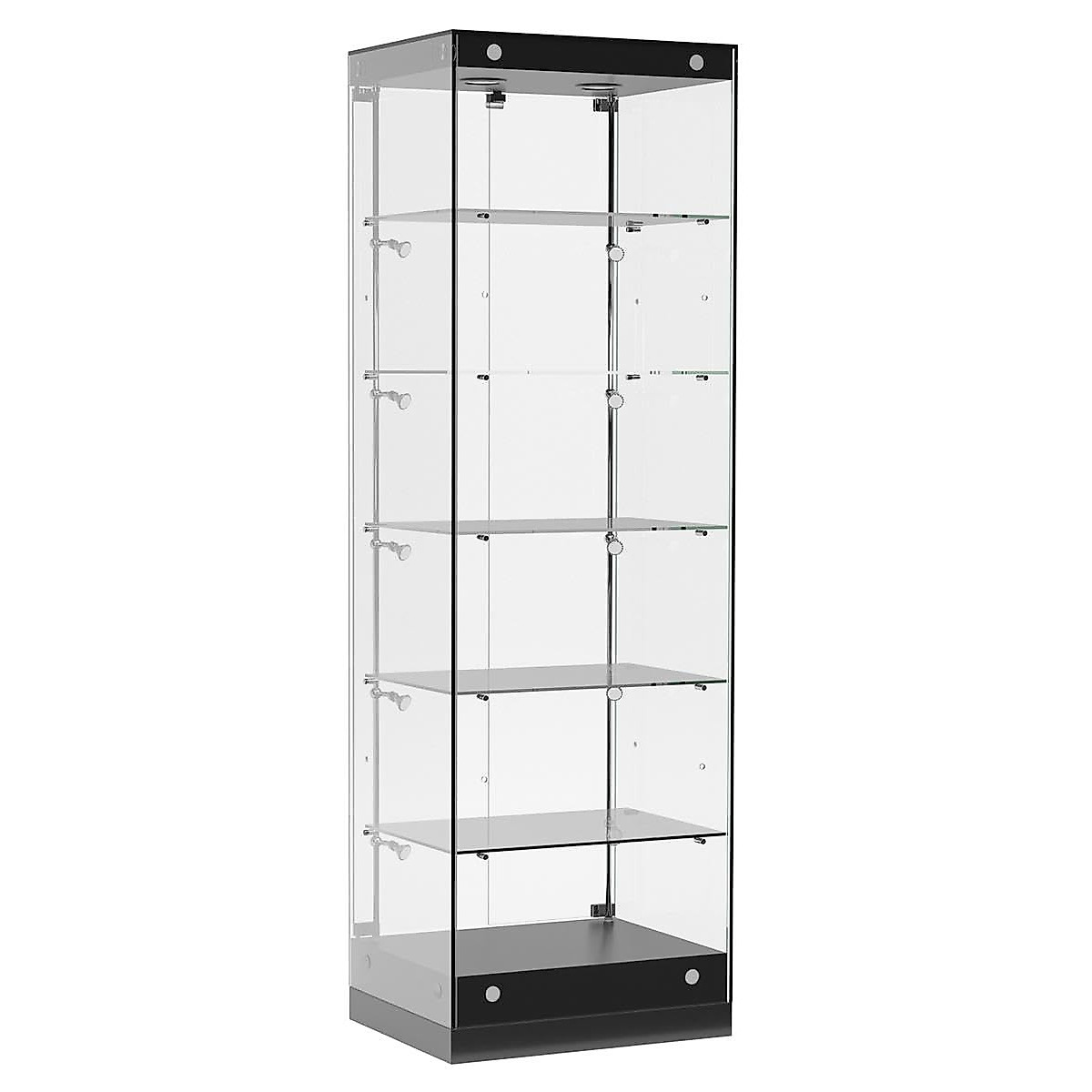 Displays2go Display Show Case with LED Lighting, Glass Shelves, Locking Door, MDF Top & Base – Clear & Black (GTAP24LEDB)