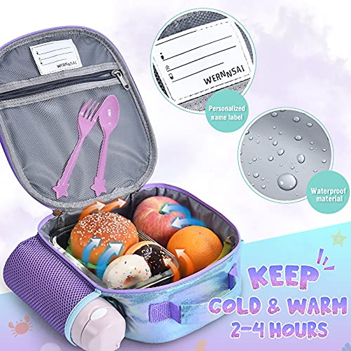 WERNNSAI Mermaid Lunch Bag - 3D Insulated Lunch Box for Girls School Picnic Shopping Lunch Shiny Crossbody Waterproof Reusable Lunch Thermal Tote Handbag with Detachable Strap