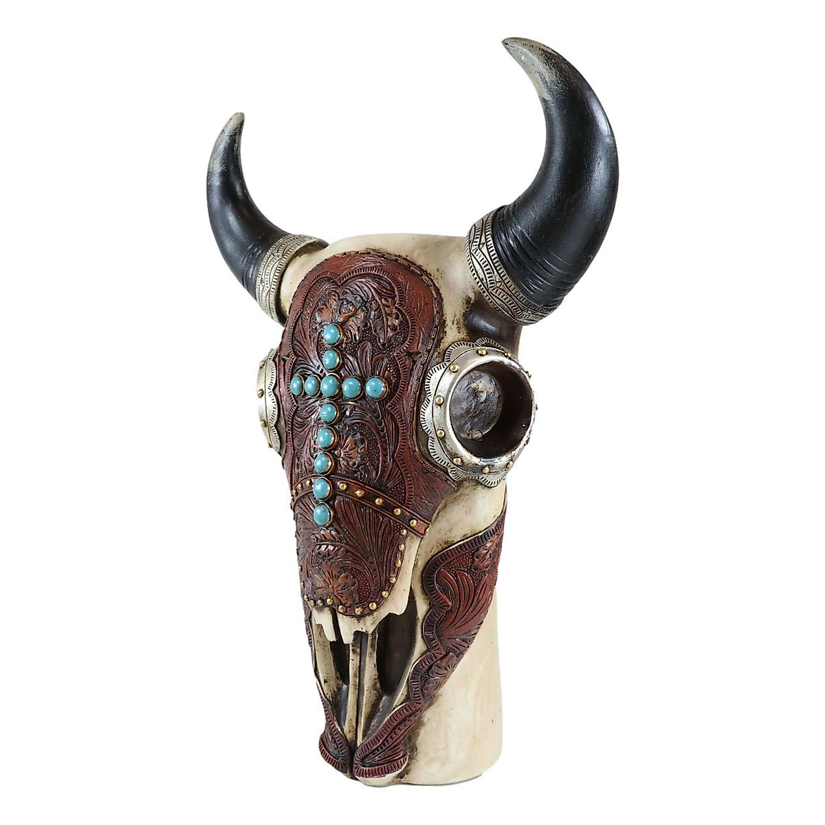 Ebros Gift Colorful Southwestern Native Indian Cow Skull with Turquoise Cross and Faux Tooled Leather Mask Desktop Floral Flower Vase Planter Figurine Wildlife Bisons Bulls Spirit Totem Accent