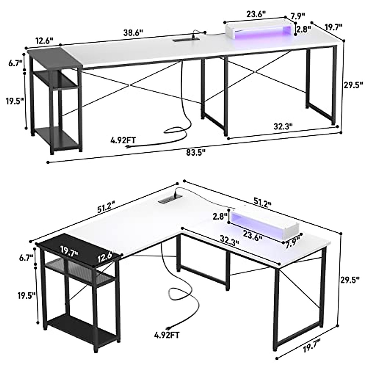 Cyclysio L Shaped Desk with Power Outlets and USB Ports, Reversible L Shaped Gaming Computer Desk with LED Light, 83.5'' Large 2 Person Desk with Monitor Stand, L-Shaped Corner Desk, White and Black