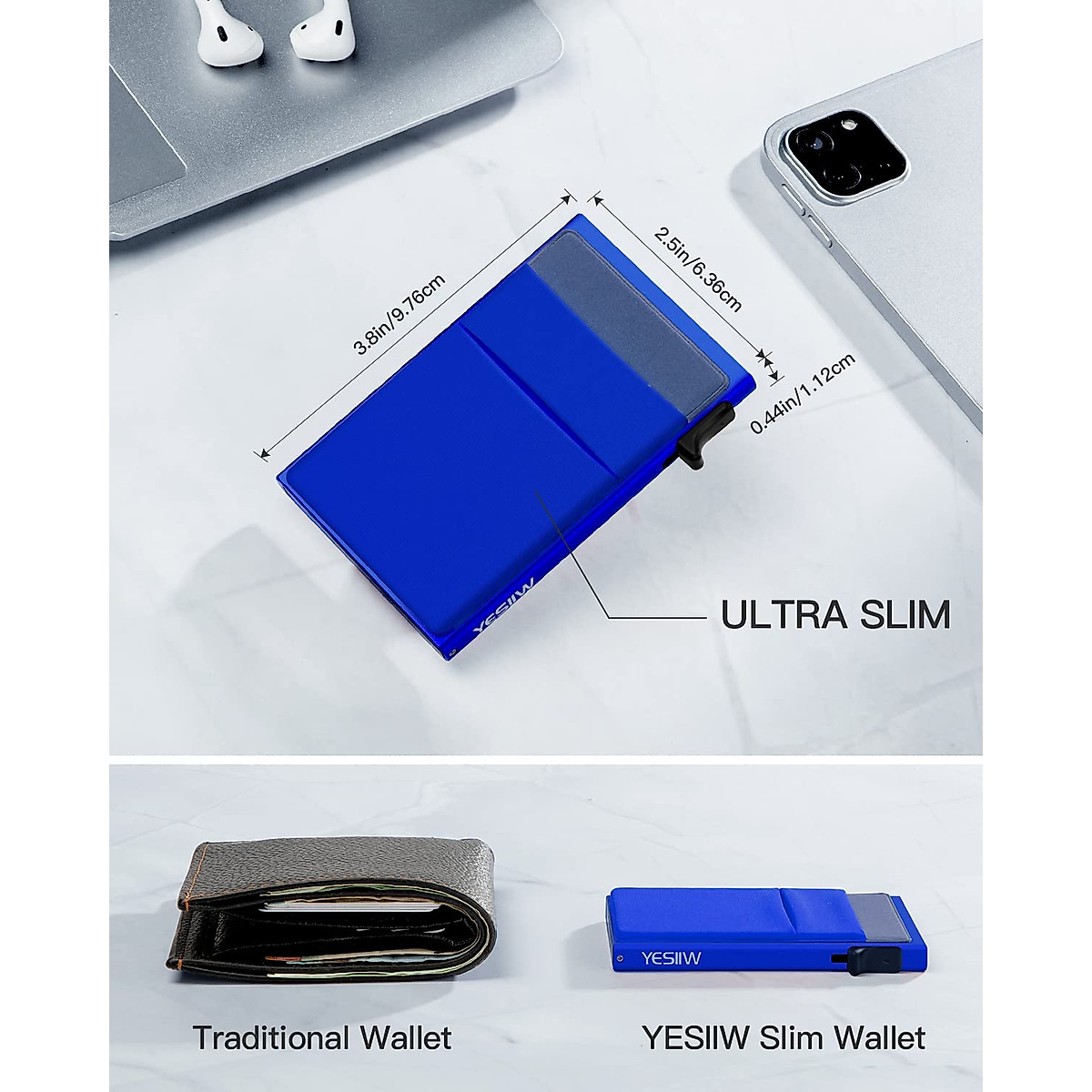 YESIIW Pop up Credit Card Holder RFID Blocking with Money Pocket Minimalist Business Card Wallet for Men Slim Aluminum Metal Bank Card Case for Cards and Notes and Coins Royal Blue