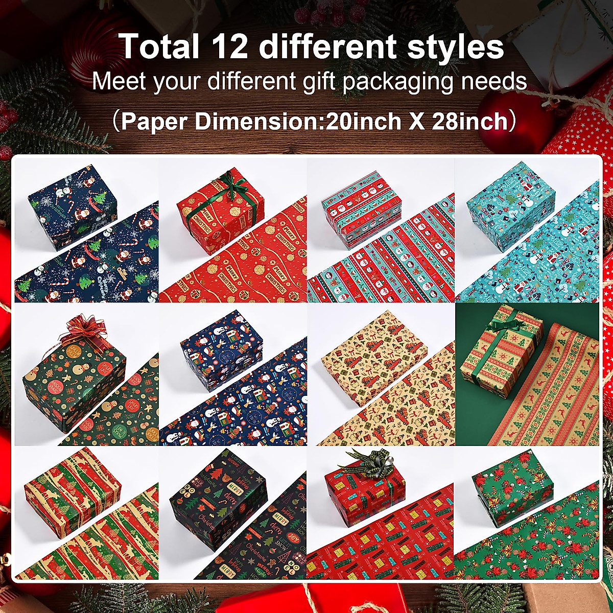 DIYCICO 12 Sheets Christmas Wrapping Paper Holiday Woodland Gift Scene with Christmas Tree, Snowflakes, Red Truck, Santa Claus, snowman, 28 x 20 Inch, Heavy Thicker Folded Flat Paper (Not Rolled)