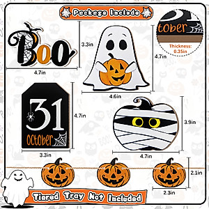 Guoofu Halloween Tiered Tray Decor, Farmhouse Tray Decorations, Funny Boo Ghost Mummy Pumpkin Wooden Signs, Halloween Scary Home Decor for Tabletop Shelf Mantel Party