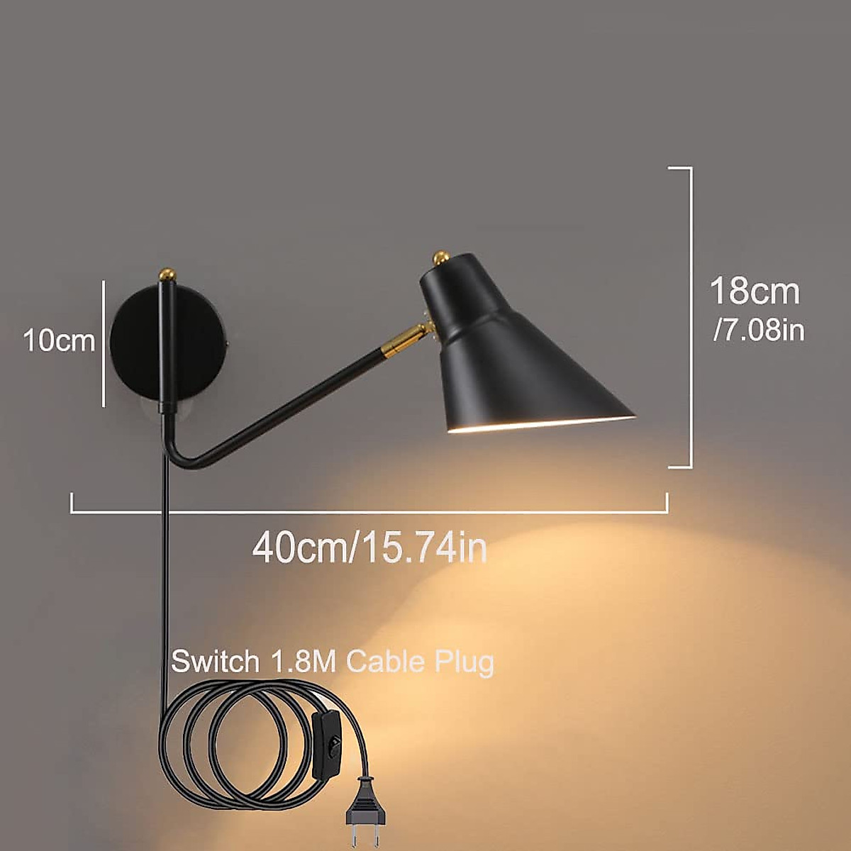 DEVINK Retro Plug in Wall Light with Switch, Long Arm Bed Lamp Wall Sconce Lamp Adjustable Wall Reading Lights with 1.8m Cord, Indoor E27 Light Fixture for Bedroom Living Room Bathroom,Black