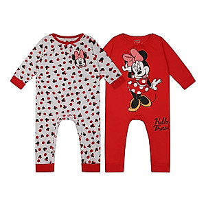 Disney Minnie Mouse Girls’ 2 Pack Long Sleeve Bodysuit Coverall for Newborn and Infant – Red/White
