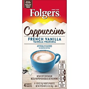 Folgers Cappuccino French Vanilla Instant Coffee Beverage Mix, 32 Single Serve Packets