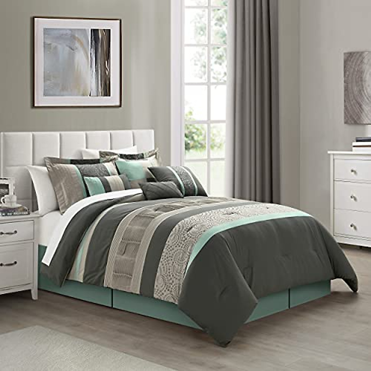 Chic Home 43CK117-AN 8-Piece Euphoria Embroidered Comforter Set, King, Dark Grey/Green