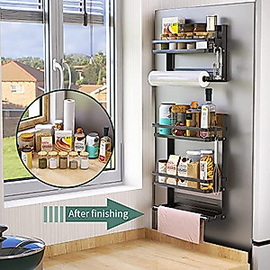 PINNIYOU Magnetic Spice Rack with Paper Towel Holder for Mother's Day Gifts, Magnetic Shelf with 4 Hooks for Refrigerator, 3 Tier Magnetic Fridge Organizer for Kitchen Storage Spices, Pepper, Black