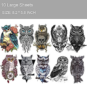 20 Sheets Large Owl Temporary Tattoos for Men Women, Realistic Owl Temporary Tattoo Stickers for Adults 3D Fake Wolf Lion Dragon Totem Animals Tatoos
