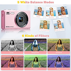Digital Camera, Saneen FHD Kids Cameras for Photography, 4K 44MP Compact Point and Shoot Camera for Kids, Teens & Beginners with 32GB SD Card,16X Digital Zoom, 2 Rechargeable Batteries-Pink
