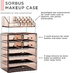 Sorbus Clear Cosmetic Makeup Organizer - Make Up & Jewelry Storage, Case & Display - Spacious Design - Great Holder for Dresser, Bathroom, Vanity & Countertop (3 Large, 4 Small Drawers - Bronze Glow)
