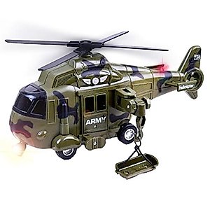 Liberty Imports Army Rescue Helicopter Friction Powered Toy Military Vehicle for Boys | Push and Go Chopper with Pretend Play Action Lights and Sounds (Military)
