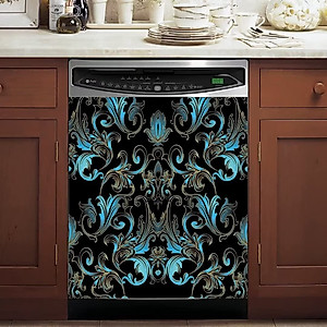 Antique Ornaments in Victorian Style Dishwasher Magnetic Cover Vintage Blue Flowers Kitchen Refrigerator Magnets Decor Scroll Swirl Leaves Rustic Floral Home Decor 23" X 26"