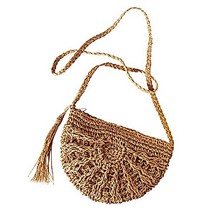 Ayliss Women Straw Crossbody Purse Beach Handmade Woven Shoulder Bag with Tassels (Half Round-Khaki)