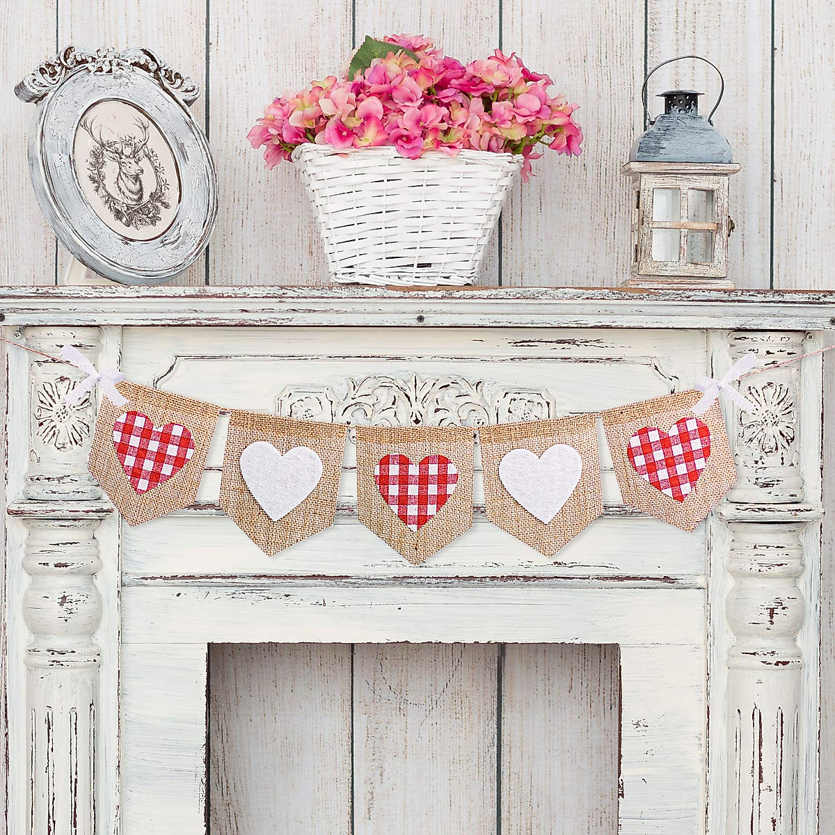 Adurself Heart Burlap Banner Valentine Garland Wedding Engagement Party Vintage Rustic Burlap Buffalo Plaid Red White Check Lace Banner for Valentine's Day Birthday Bridal Shower Anniversary