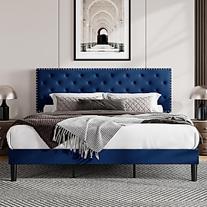 Allewie King Bed Frame, Velvet Upholstered Platform Bed with Adjustable Diamond Button Tufted & Nailhead Trim Headboard, Wood Slat Support, Easy Assembly, No Box Spring Needed, Navy Blue