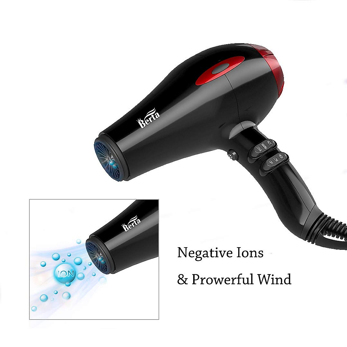 BERTA 1875W Professional Salon Hair Dryer Negative Ionic Blow Dryer, 2 Speed 3 Heat Settings Cool Button with AC Motor, Concentrator Nozzle & Diffuser