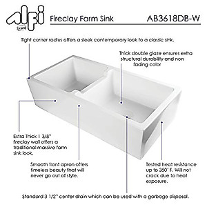 ALFI brand AB3618DB-W Smooth Thick Wall Fireclay Double Bowl Farm Sink, 36", White