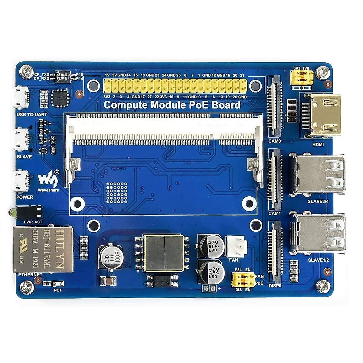 waveshare Compute Module IO Board with PoE Feature Development Board for Raspberry Pi CM3 / CM3L / CM3+ / CM3+L,with Ethernet Port,USB Ports,HDMI/DSI/CSI Camera Interface