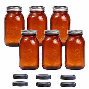 Jumterlee 6 Pack 32 oz Amber Mason Jars, Regular Mouth Mason Jars with Lids and Bands and 6 Black Plastic Mason Jar Lids, Amber Glass Mason Jars