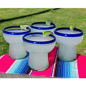Dos Sueños Mexican Hand Blown Glass – Set of 4 Hand Blown Stemless Blue Rim Margarita Glasses (14oz)